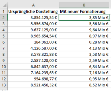 Überblick: Zahlen in Excel als Mio. Euro anzeigen