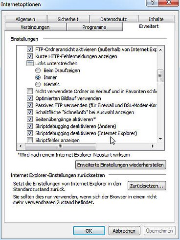 Internet Explorer: Script-Fehler abschalten