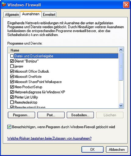 Windows XP: Firewall konfigurieren
