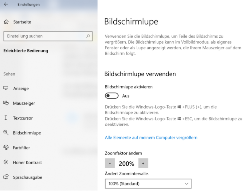 Bildschirmlupe in Windows - Steuerung mit Tastenkombinationen