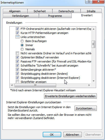 Internet Explorer: Script-Fehler abschalten
